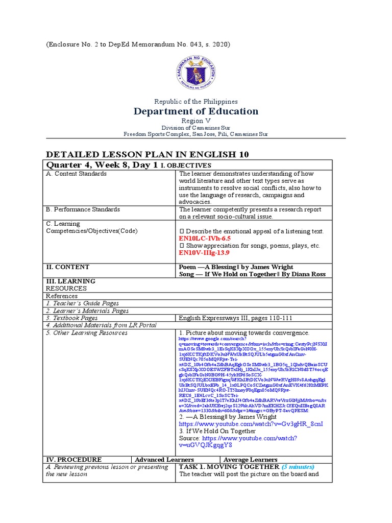 Detailed Lesson Plan in English 10 Cot | PDF | Learning | Poetry