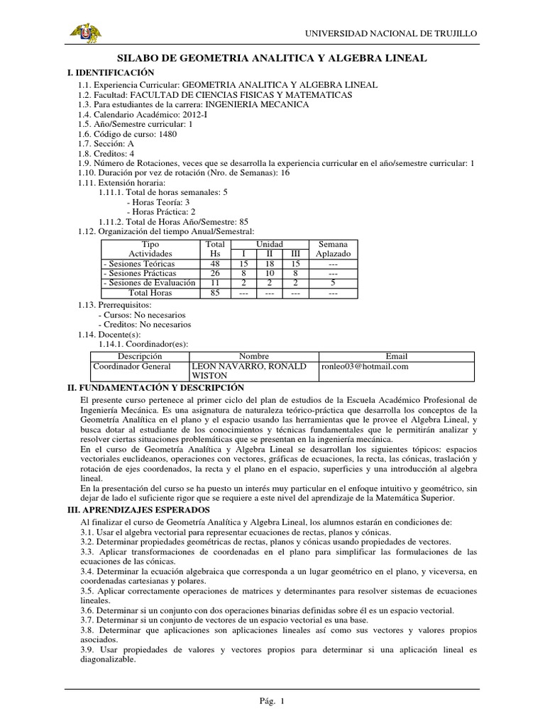 Silabo 2012-I Geometria Analitica y Algebra Lineal A | PDF | Espacio ...