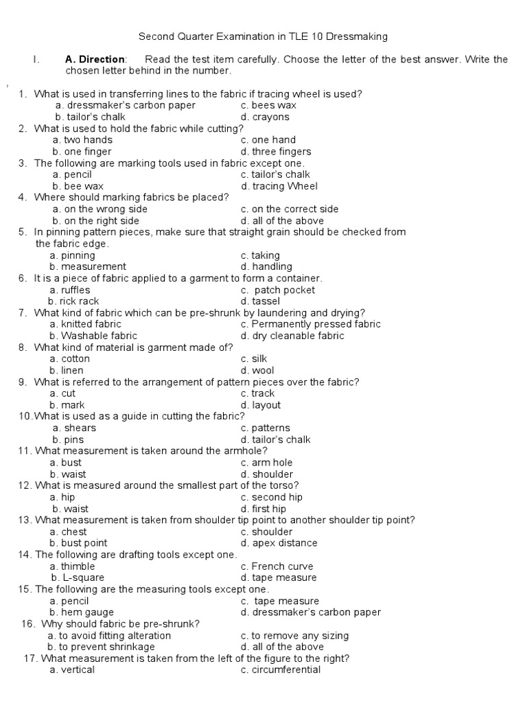 TLE 10 Dressmaking Exam Q2 Guide | PDF | Trousers | Seam (Sewing)