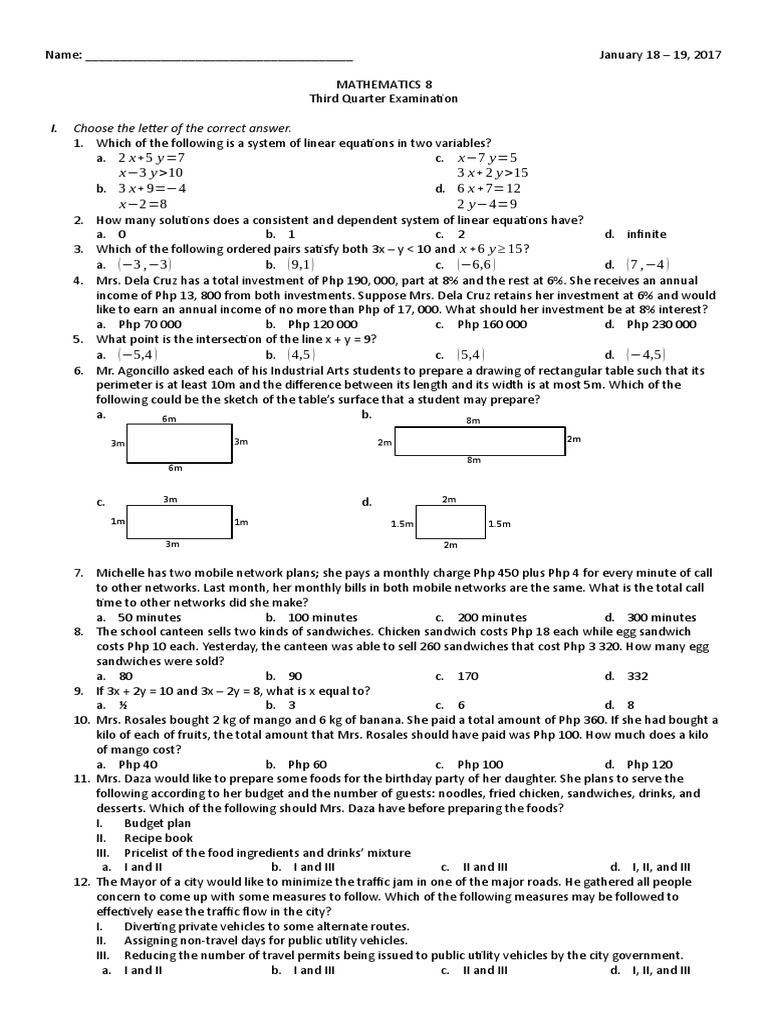 Math 8 3rd PT'15-16 | PDF | Triangle | Theorem