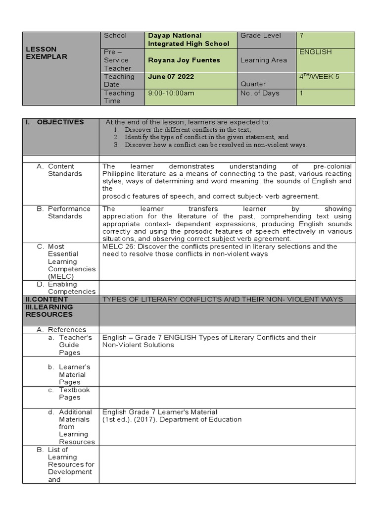 Literary Conflicts and Resolutions Lesson | PDF | Learning | Teachers