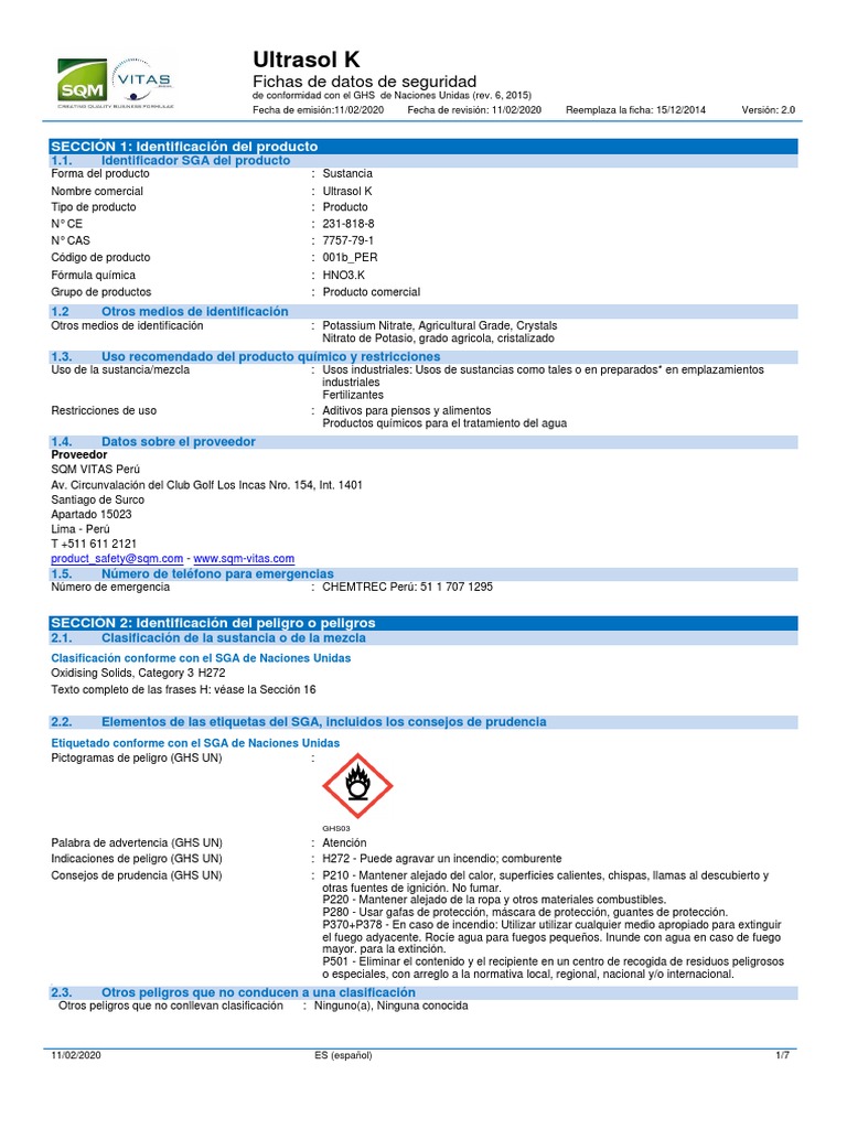 SQM - MSDS - Ultrasol K (Nitrato de Potasio Cristalizado) | PDF | Agua | Residuos
