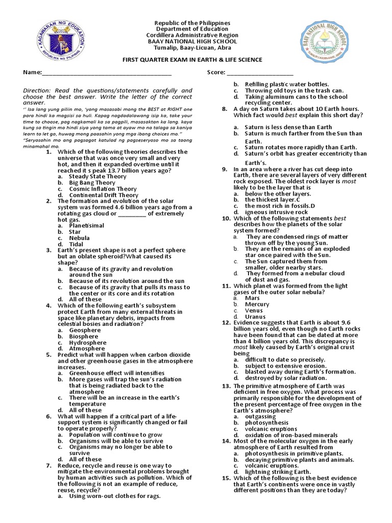 First Quarter Earth Science Exam | PDF | Photosynthesis | Earth
