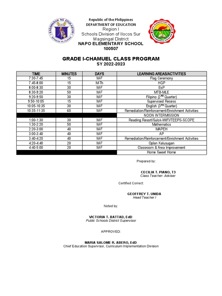 Grade 1 class program 2022-2023 | PDF | Schools | Teaching