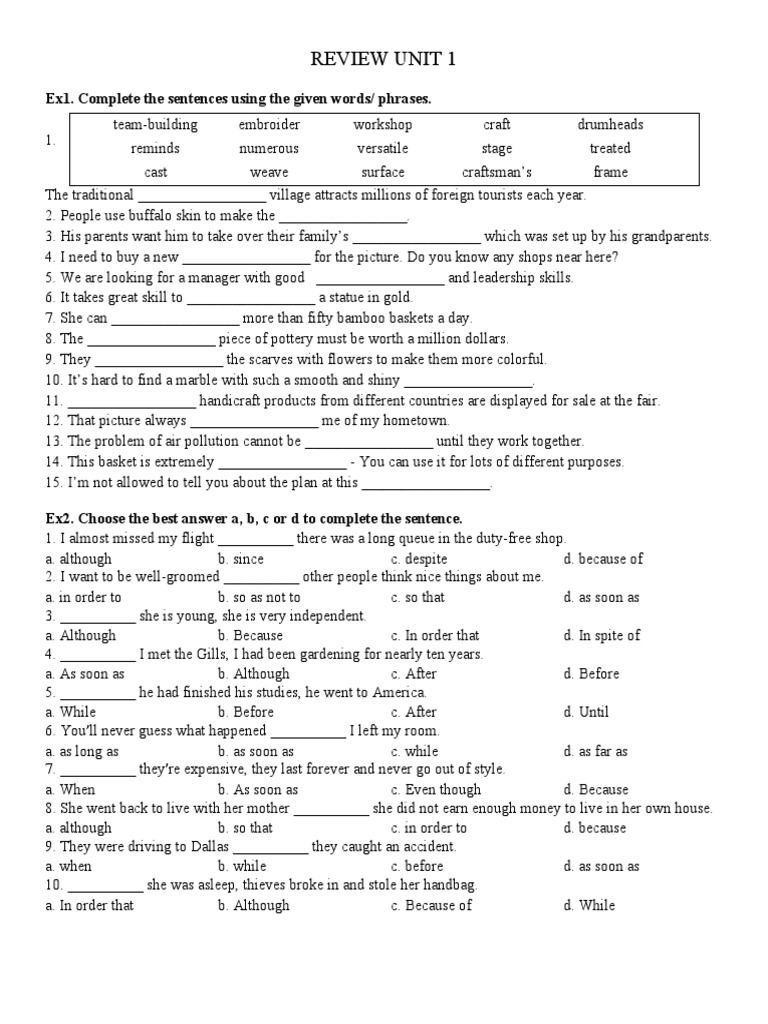 Review Unit 1: Ex1. Complete The Sentences Using The Given Words/ Phrases | PDF | Home & Garden