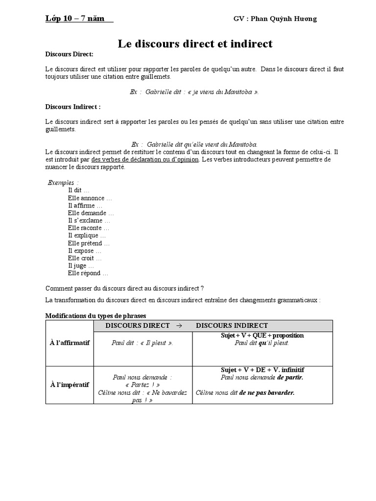 Discours Direct et Indirect : Guide Complet | PDF | Phrase | Verbe