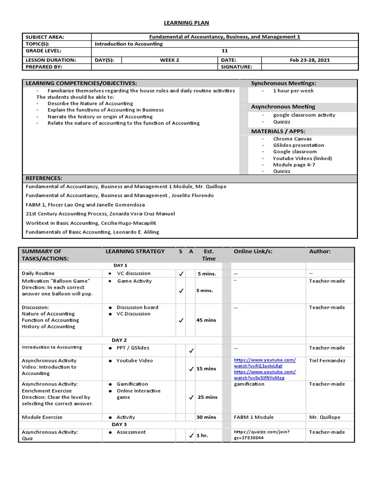 FABM 1 Learning Plan | Download Free PDF | Learning | Classroom