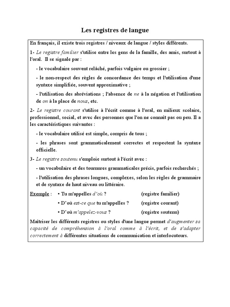 Les Registres de Langue | PDF | Sémiotique | Mécanique du langage