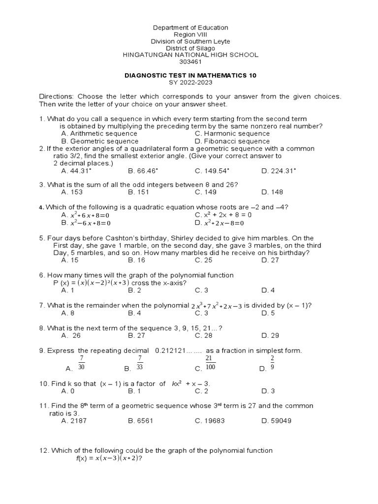 Diagnostic Test in Math 10 | PDF | Polynomial | Numbers