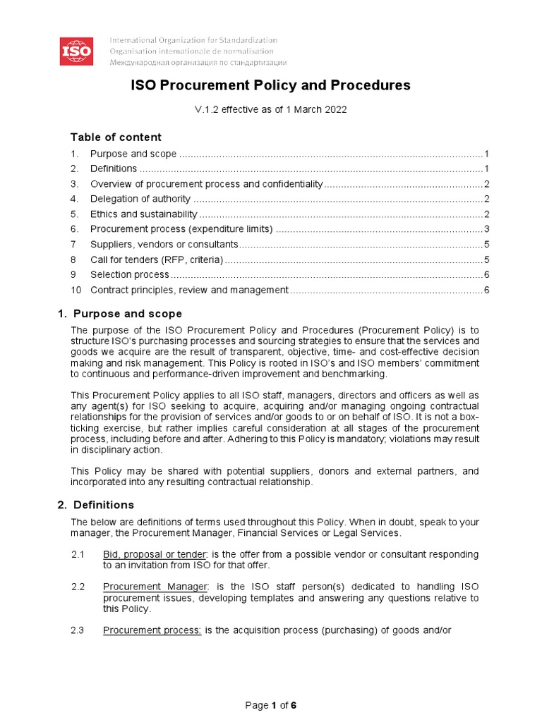 ISO Procurement Policy and Procedures: Table of Content | PDF ...