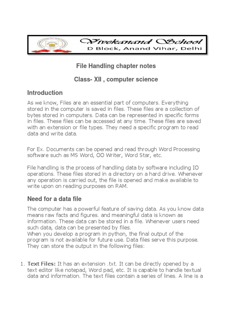 File Handling Chapter Notes Class-XII, Computer Science | PDF ...