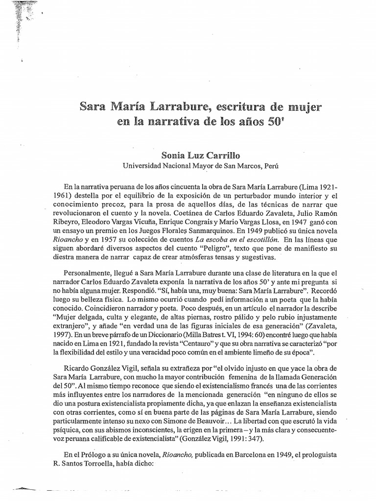 Sara María Larrabure, Escritura de Mujer en La Narrativa de Los Años 50 ...