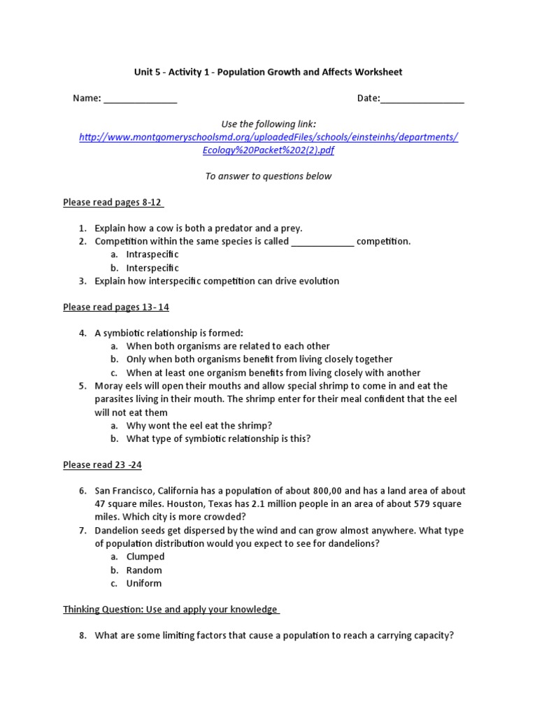 Unit 5 - Activity 1 - Population Growth and Affects Worksheet | PDF | Predation | Systems Ecology