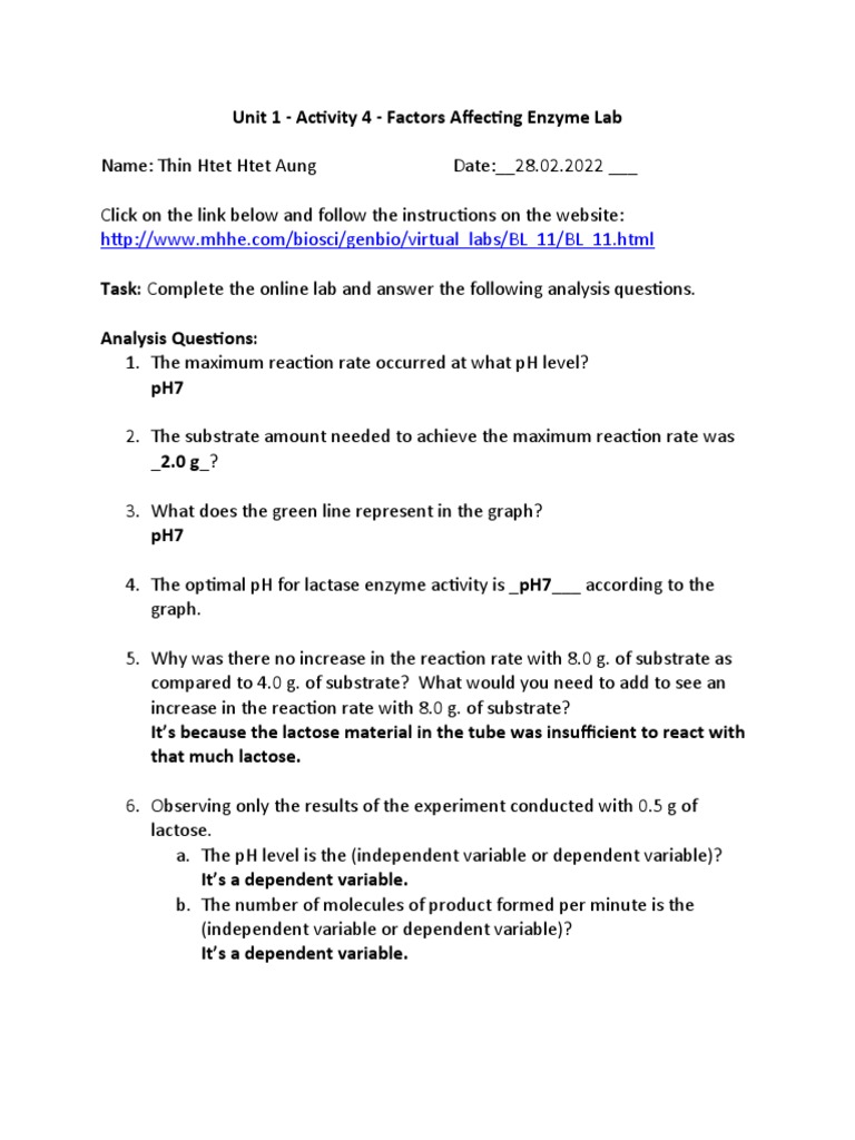 Unit 1 - Activity 4 - Factors Affecting Enzyme Lab | PDF