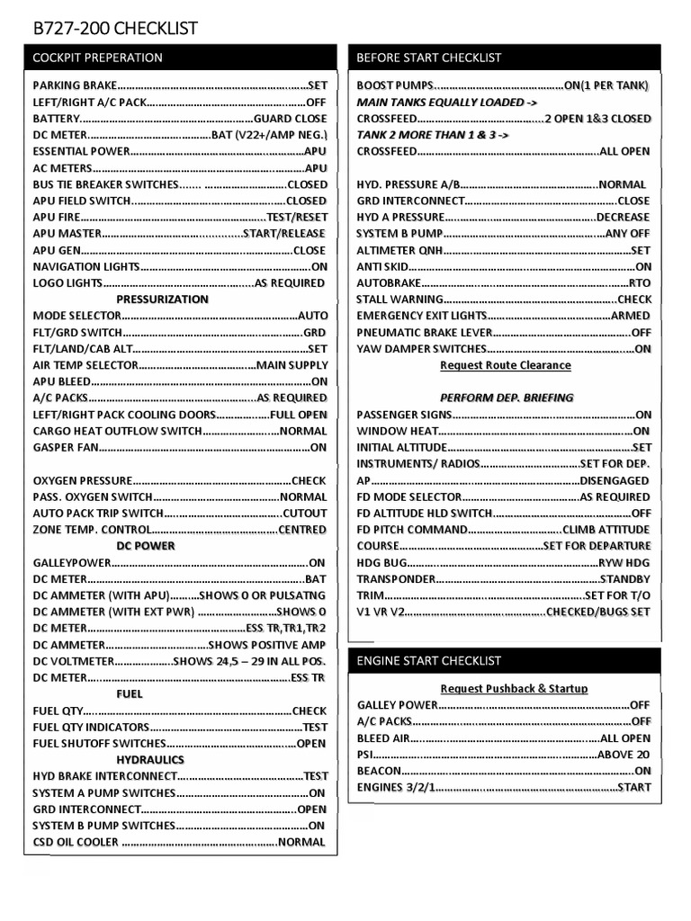 Cockpit Preperation Before Start Checklist | PDF | Aviation | Aircraft