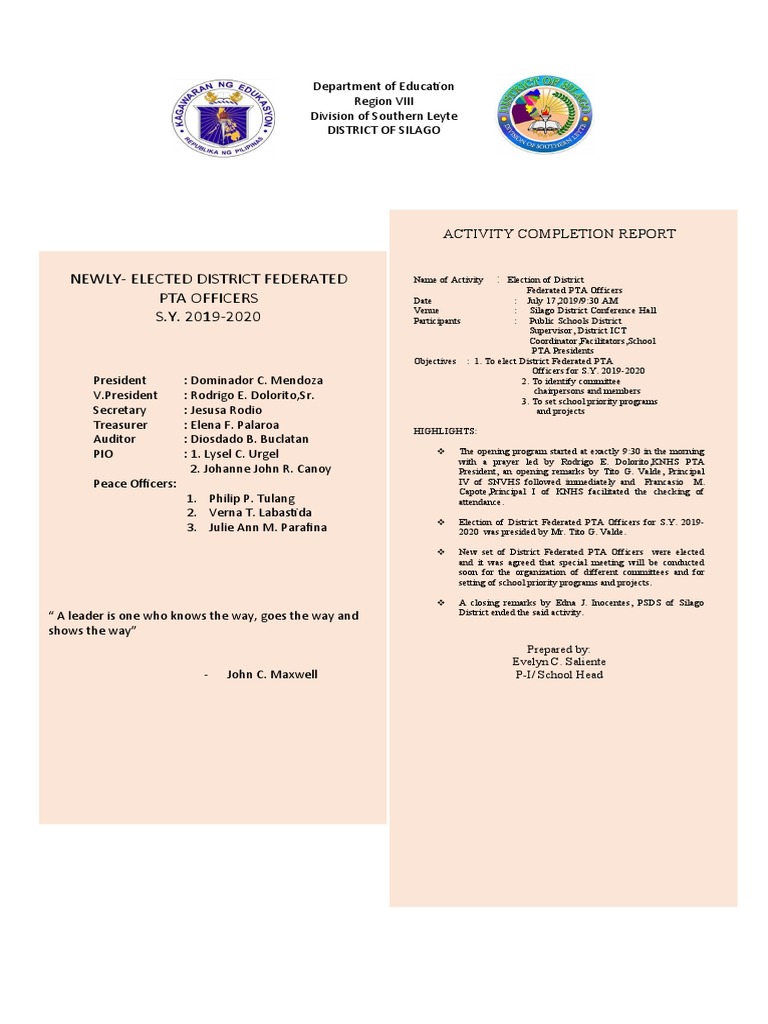 Newly-Elected District Federated Pta Officers S.Y. 2019-2020 | PDF