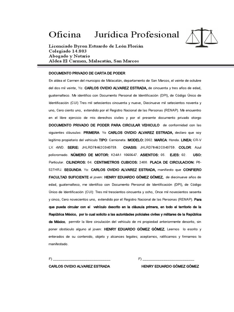 Carta Poder Dos Firma A Mexico Carlos Ovidio Alvarez Estrada Henry ...