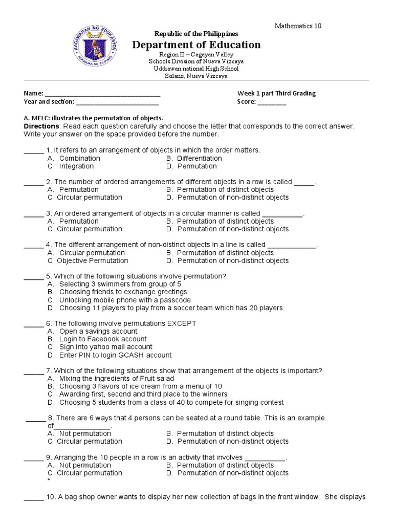Permutations and Combinations Quiz | PDF | Permutation | Mathematics