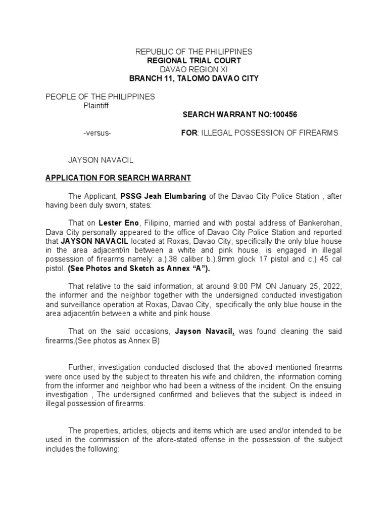 Sample of Application For Search Warrant | PDF | Search Warrant ...
