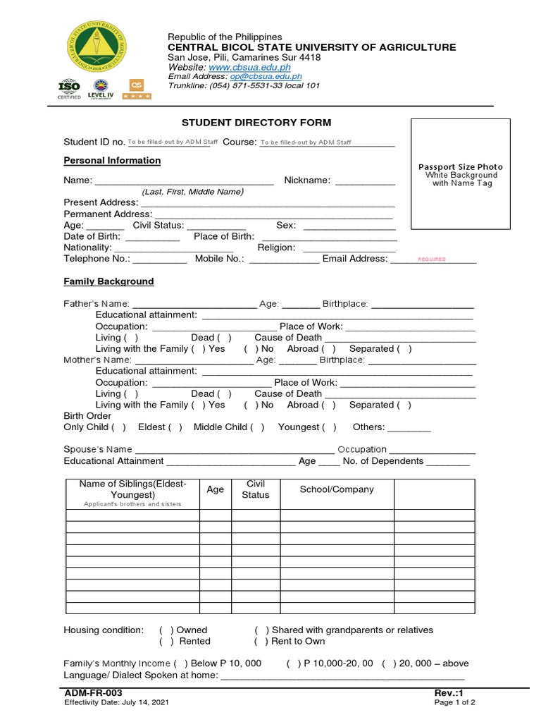 Student Directory Form Template | PDF