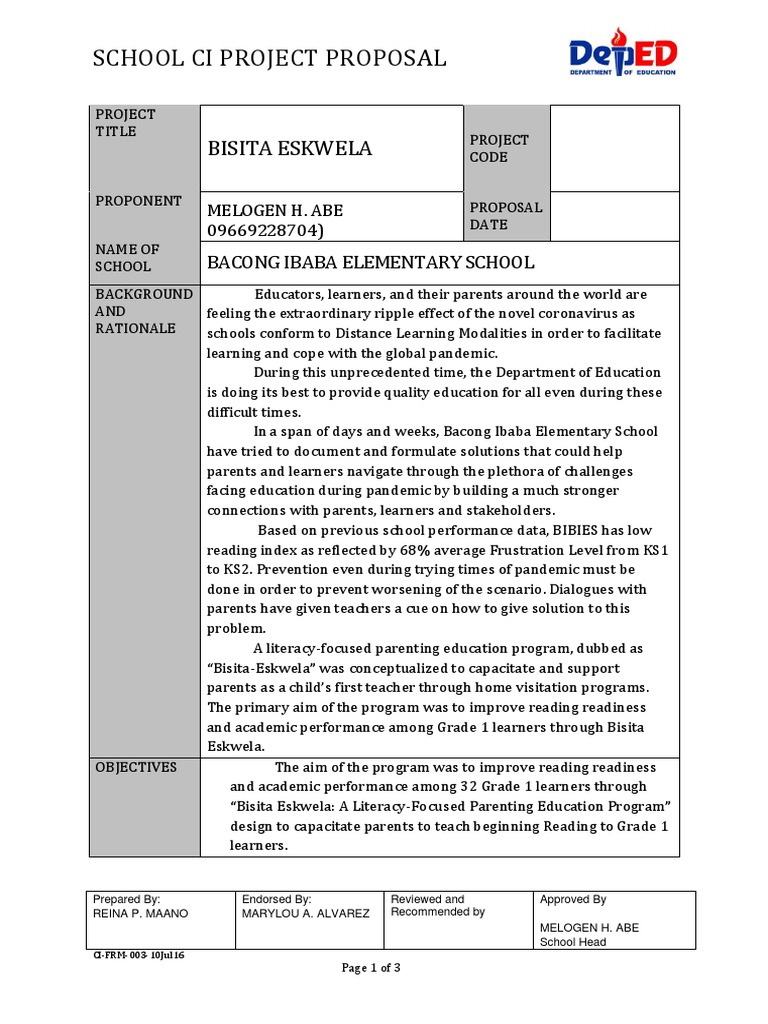 School Ci Project Proposal: Bisita Eskwela | PDF | Learning | Cognitive ...