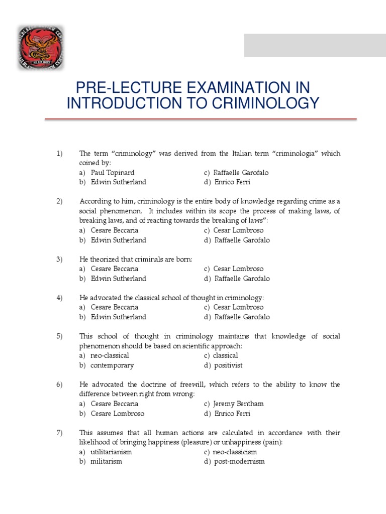 Criminology Pre-Lecture Examination | PDF | Criminology | Deviance ...