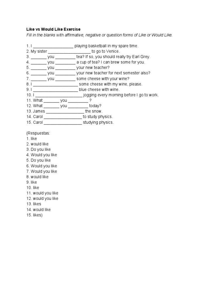 Fill in The Blanks With Affirmative, Negative or Question Forms of Like ...