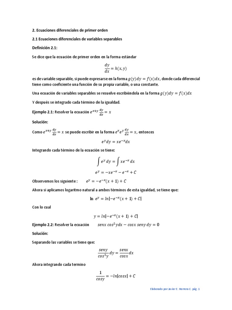 Ecuaciones Diferenciales De Variables Separables Pdf Ecuaciones