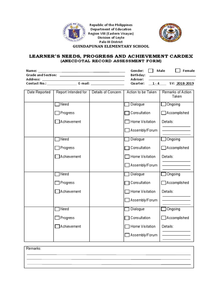 Learner's Needs, Progress and Achievement Cardex (Anecdotal Record Assessment Form) by Teacher ...