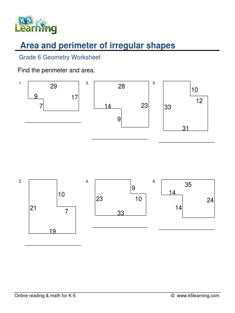 Area and Perimeter of Irregular Shapes: Grade 6 Geometry Worksheet ...