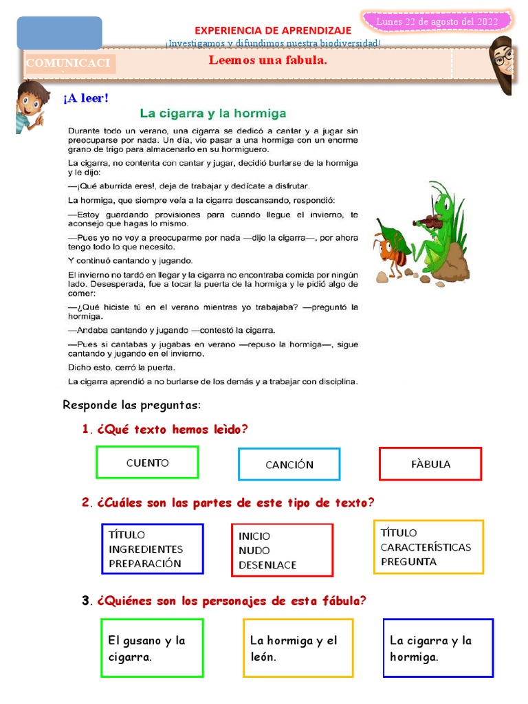 Hoja De Trabajo De Fábula Guía De Trabajo La Liebre Y La Tortuga