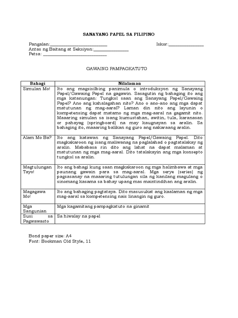 Bahagi NG Sanayang Papel Sa Filipino | PDF