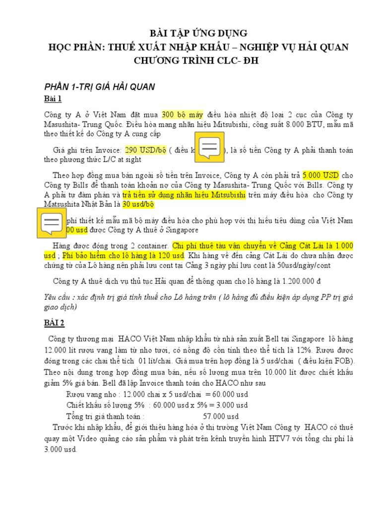 BÀI TẬP ỨNG DỤNG THUẾ XNK | PDF