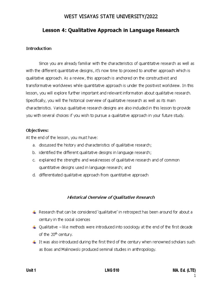 Lesson 4: Qualitative Approach in Language Research: West Visayas State ...