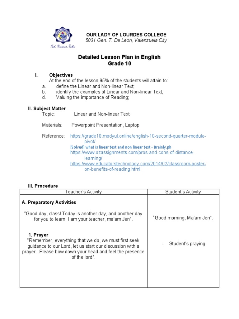 Grade 10 Lesson Plan: Text Types | PDF | Distance Education | Chart