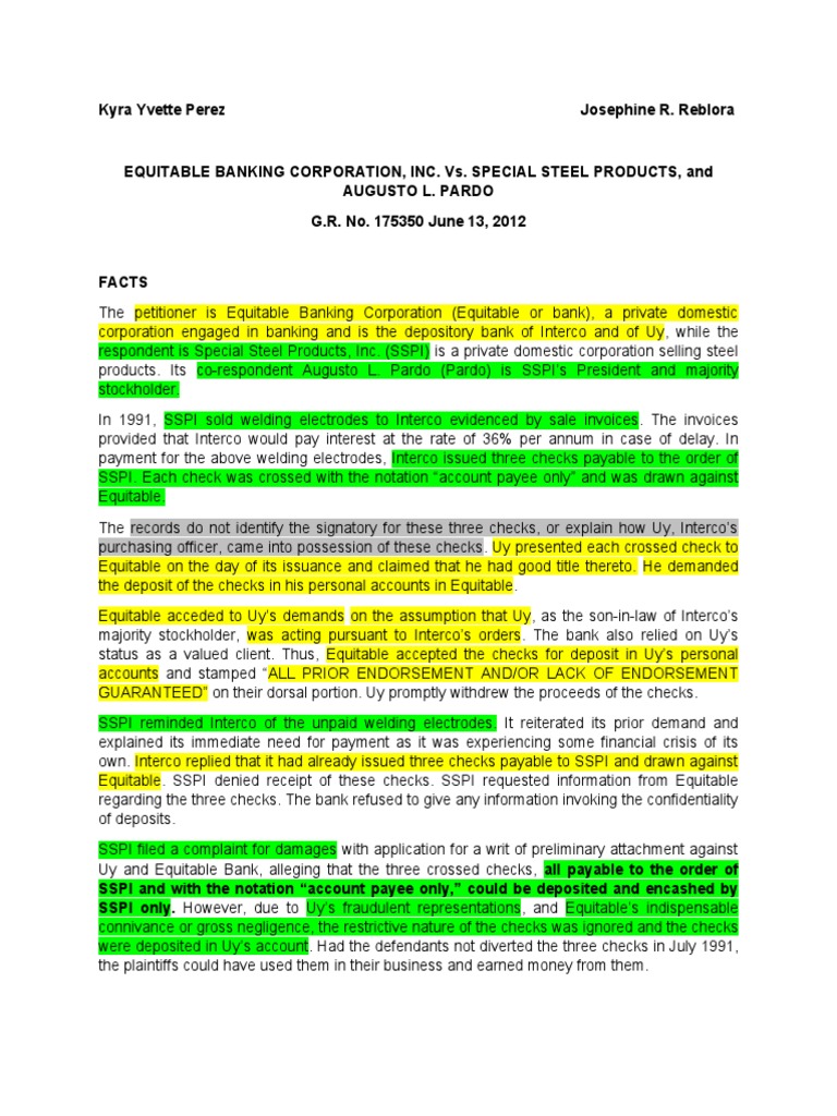 NEGO Gr. 10 - EQUITABLE BANKING CORP Vs SPPI | PDF | Cheque | Payments