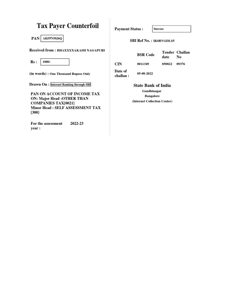 Tax Payer Counterfoil: State Bank of India | PDF