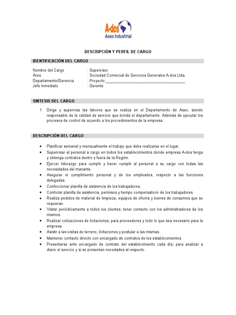 Descriptor de Cargo Supervisor | PDF | Planificación | Business