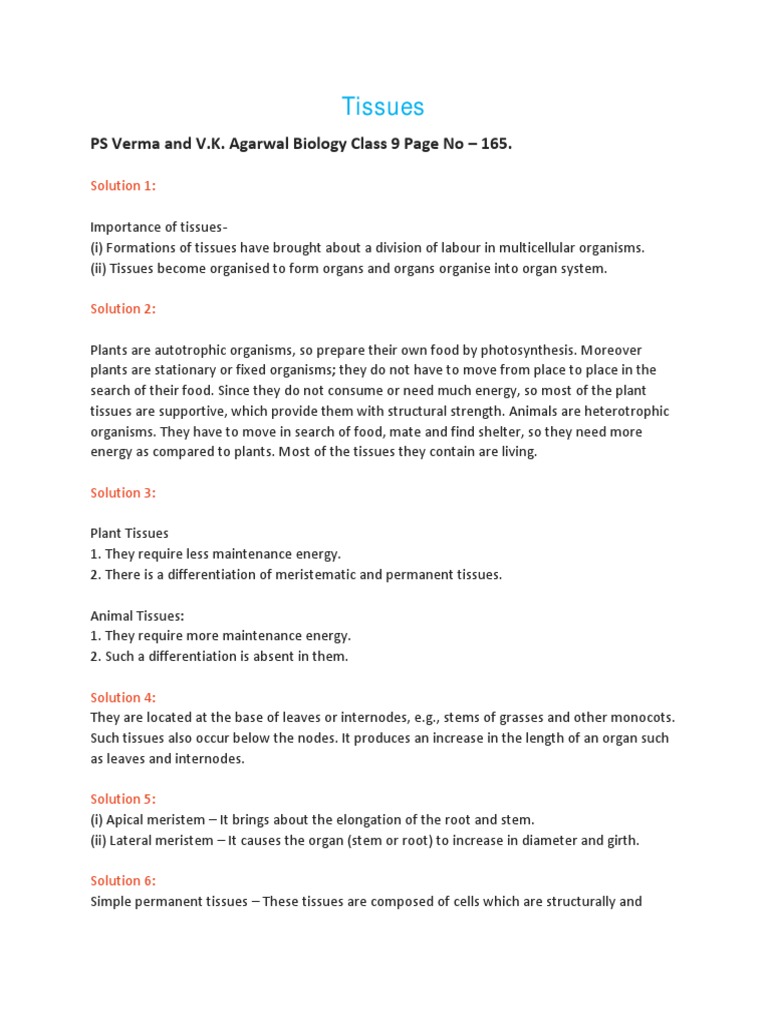 Tissues: PS Verma and V.K. Agarwal Biology Class 9 Page No - 165 | PDF ...