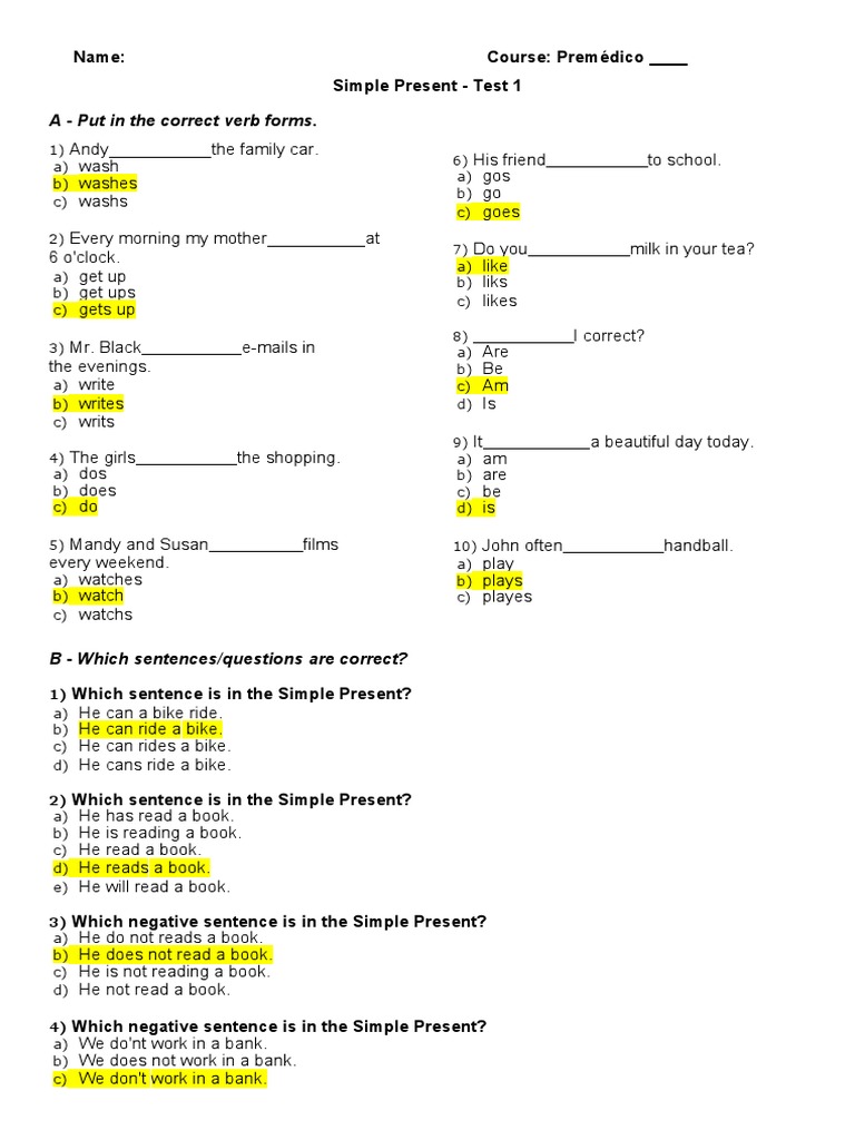 A - Put in The Correct Verb Forms.: Name: Course: Premédico Simple ...