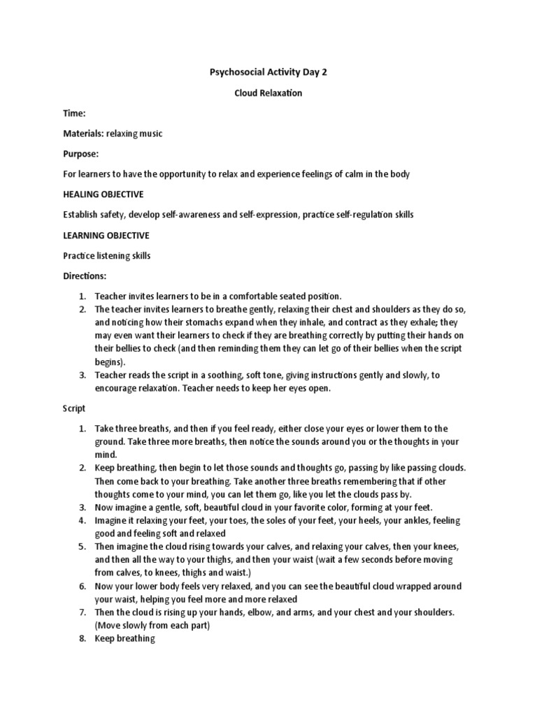 Psychosocial Activity Day 2: Cloud Relaxation Time: Materials: Relaxing ...