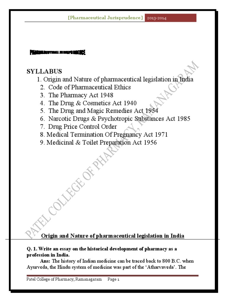 Pharmaceutical Jurisprudence Notes | PDF | Pharmacist | Pharmacy