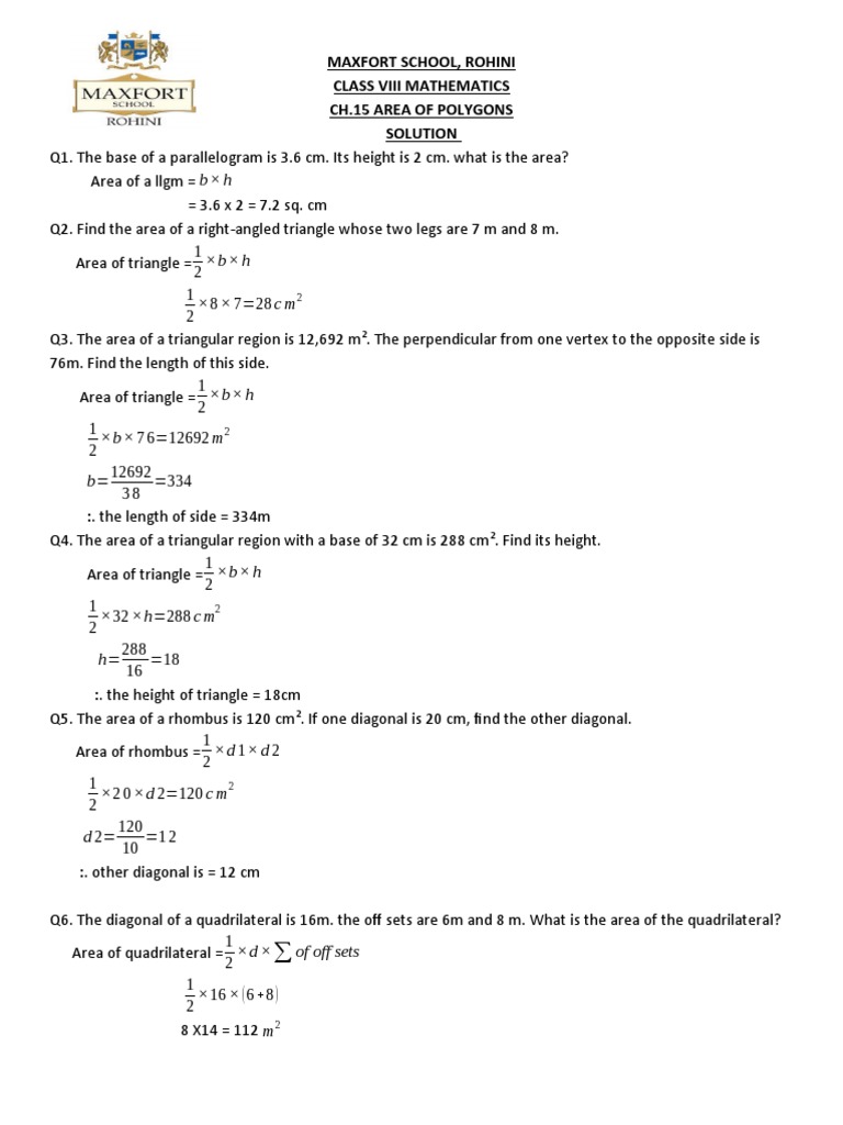 Maxfort School, Rohini Class Viii Mathematics Ch.15 Area of Polygons Solution | PDF | Area ...