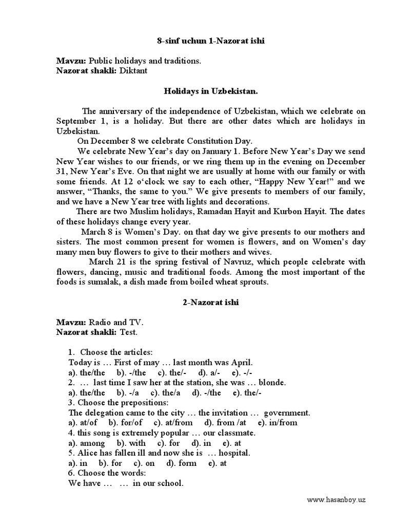 8-Sinf Uchun 1-Nazorat Ishi Mavzu: Public Holidays and Traditions. Nazorat Shakli: Diktant ...