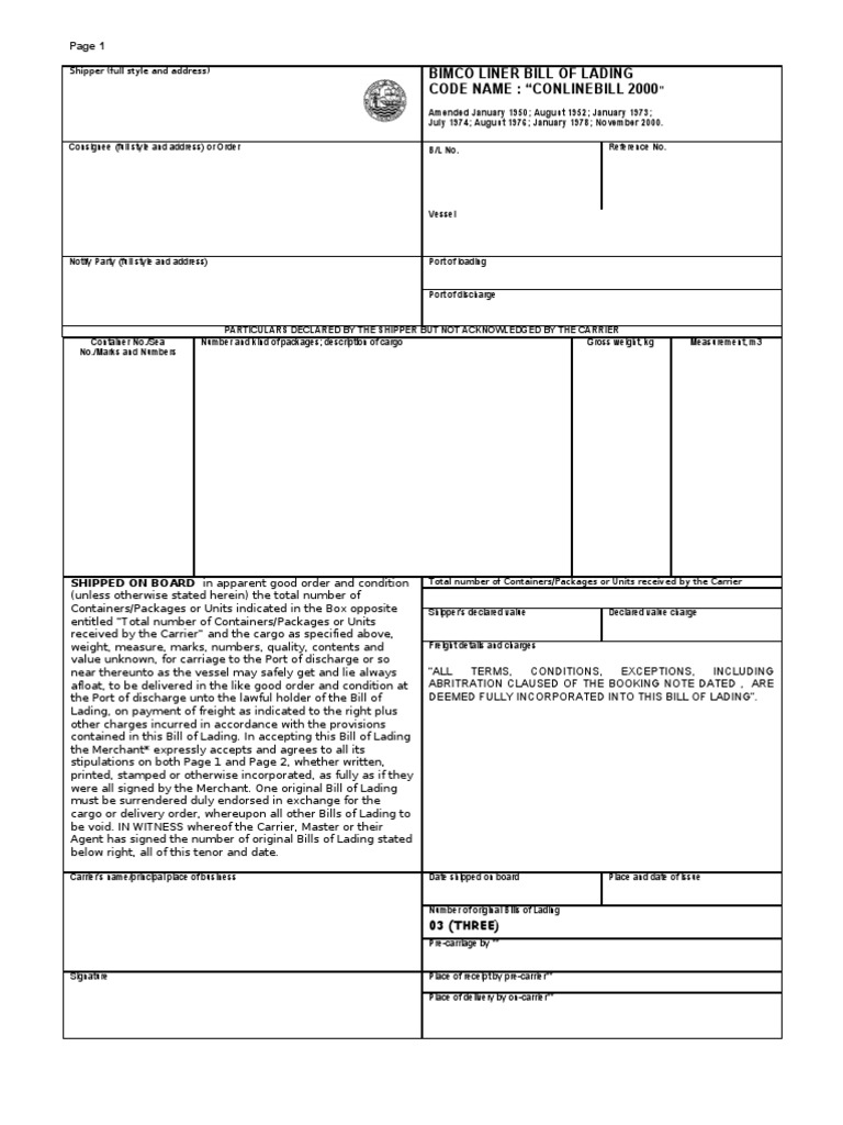 BIMCO Liner Bill of Lading Template | PDF