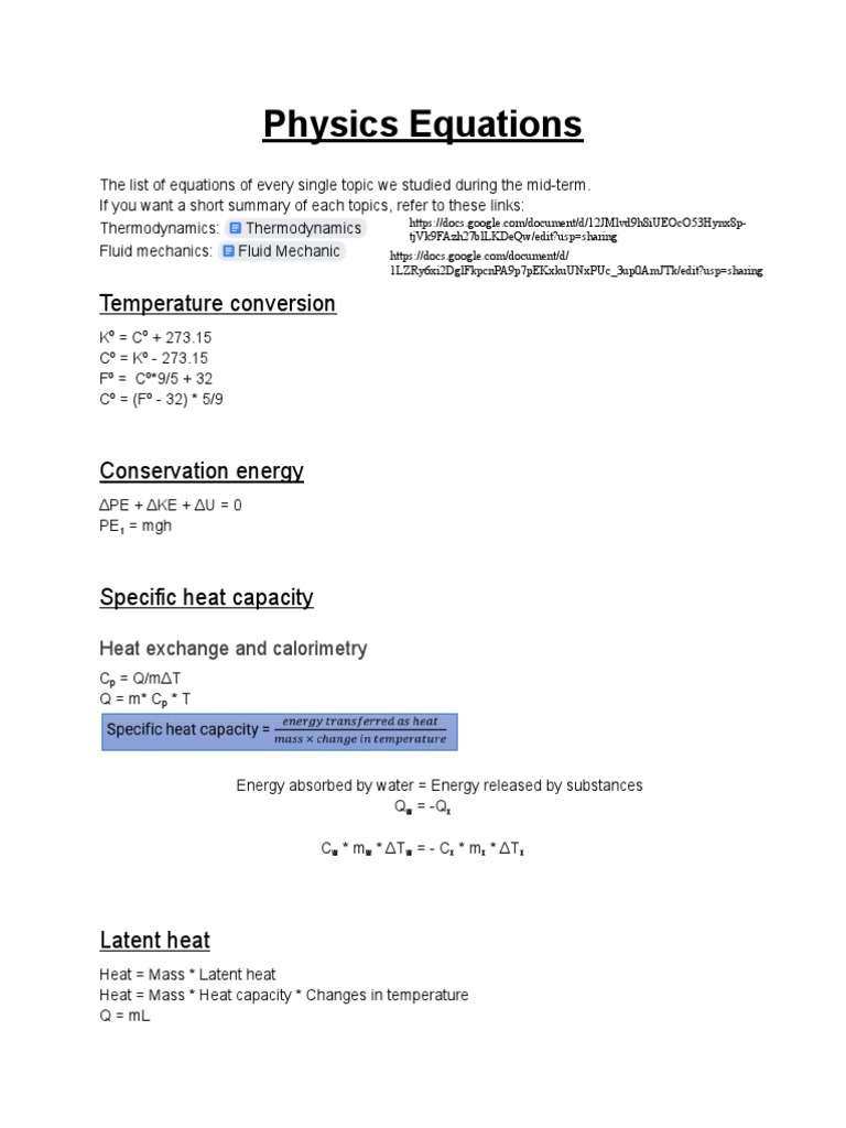 Physics Equations: Temperature Conversion | PDF | Buoyancy | Heat