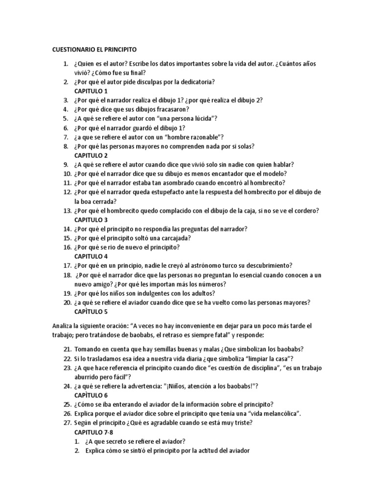 Cuestionario El Principito | PDF | El Principito