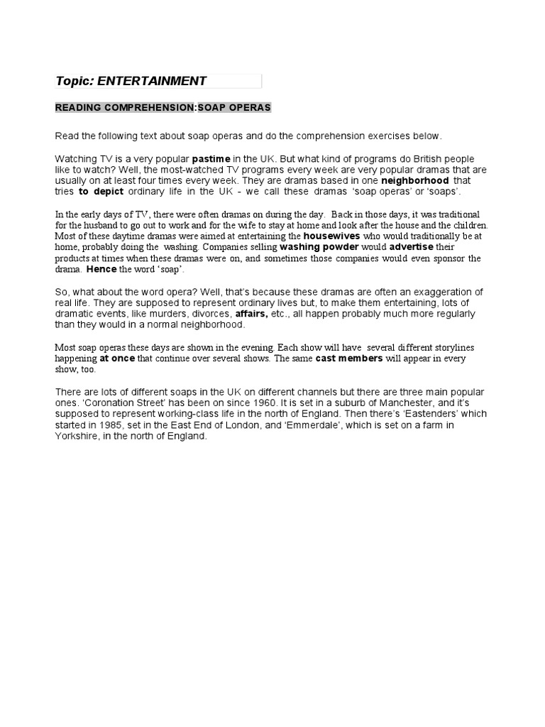 Topic: Entertainment: Reading Comprehension:Soap Operas | PDF | Soap ...