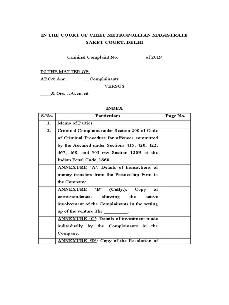 Complaint Format 1 | PDF | Conspiracy (Criminal) | Justice