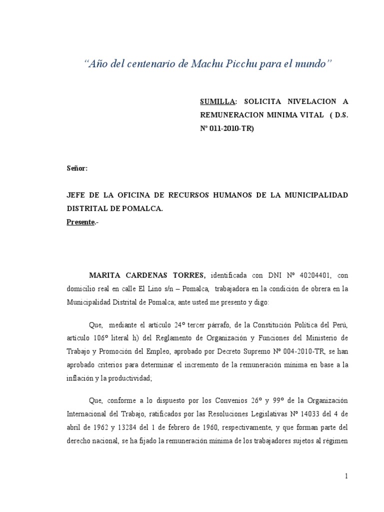 Solcita Nivelacion Al Sueldo Minimo Vital | PDF | Salario mínimo | Salario